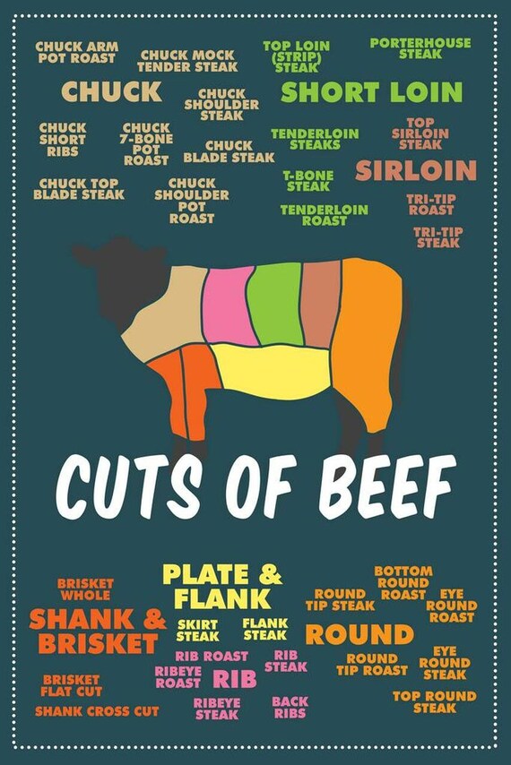 Cuts of Beef Meat Color Coded Chart Butcher Light Cow Diagram - Etsy
