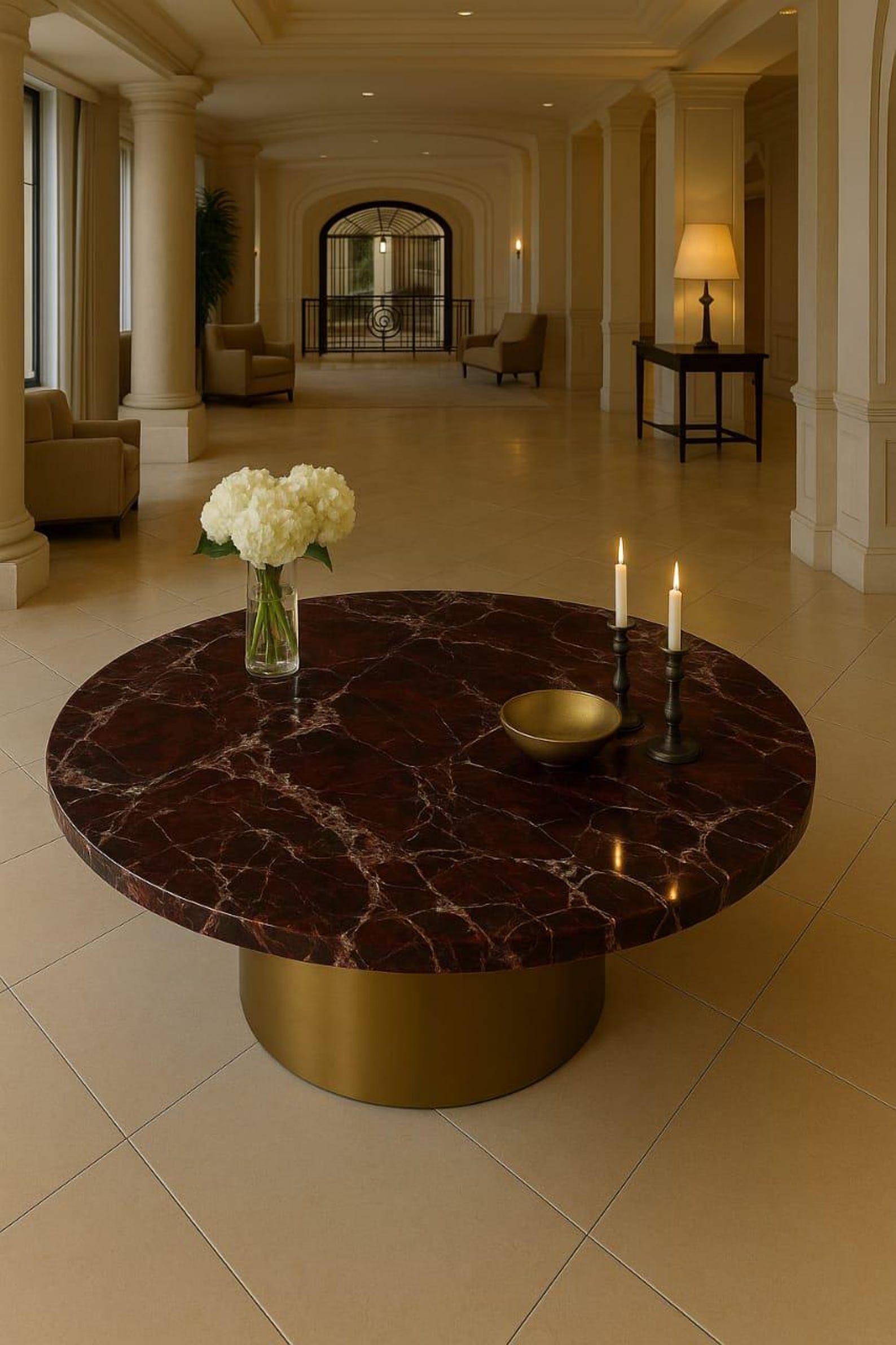 Handcrafted Coffee Table: Rosso Lavanto Marble, Golden Base, 30 ...