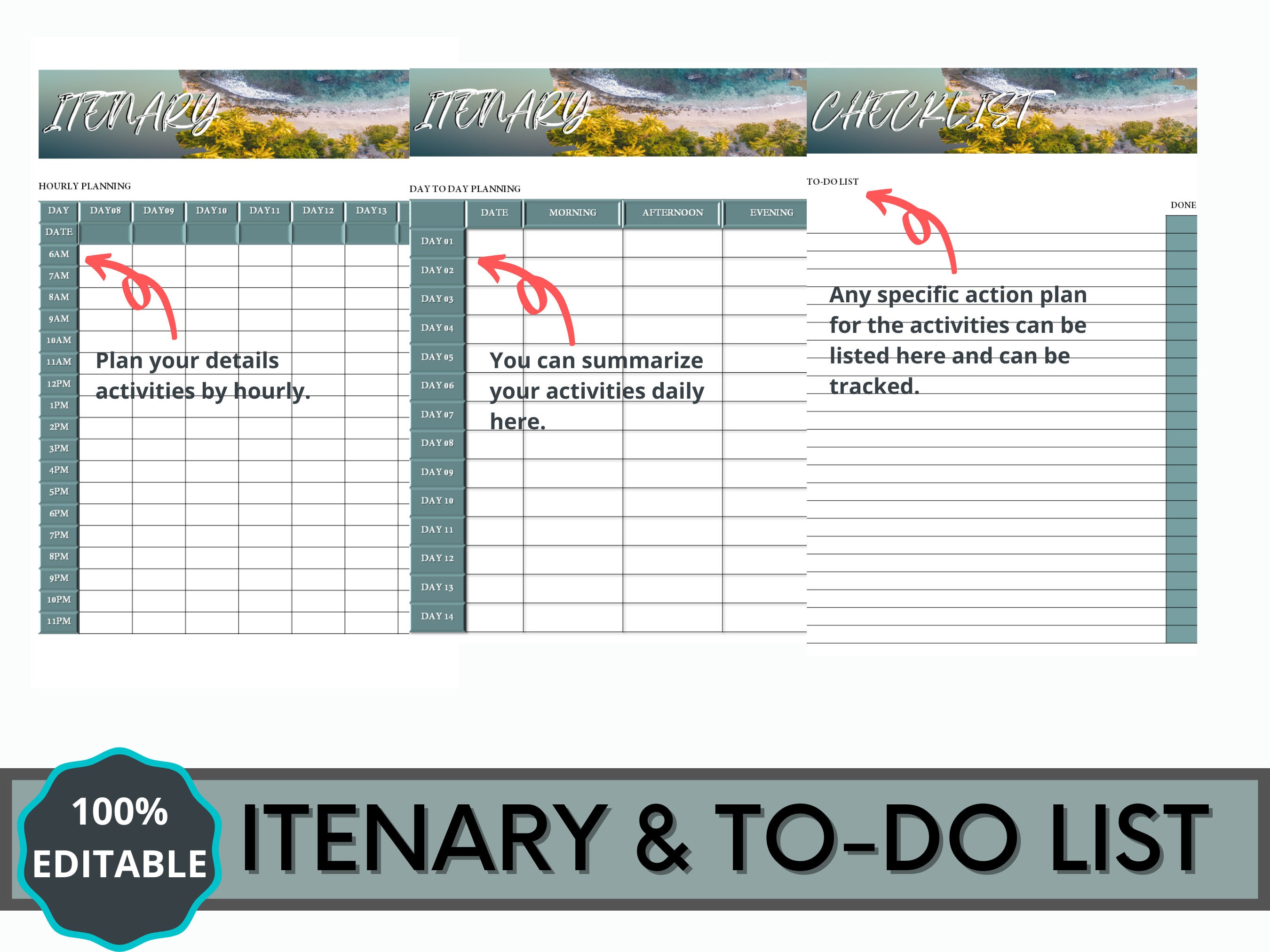 Editable Travel Planner Trip Itinerary Checklist Packing List Vacation ...