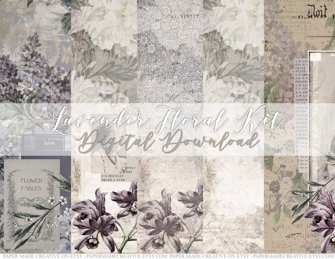 A4 Lavender Vintage Floral Journal Kit Collage Sheets Ephemera Tags ...