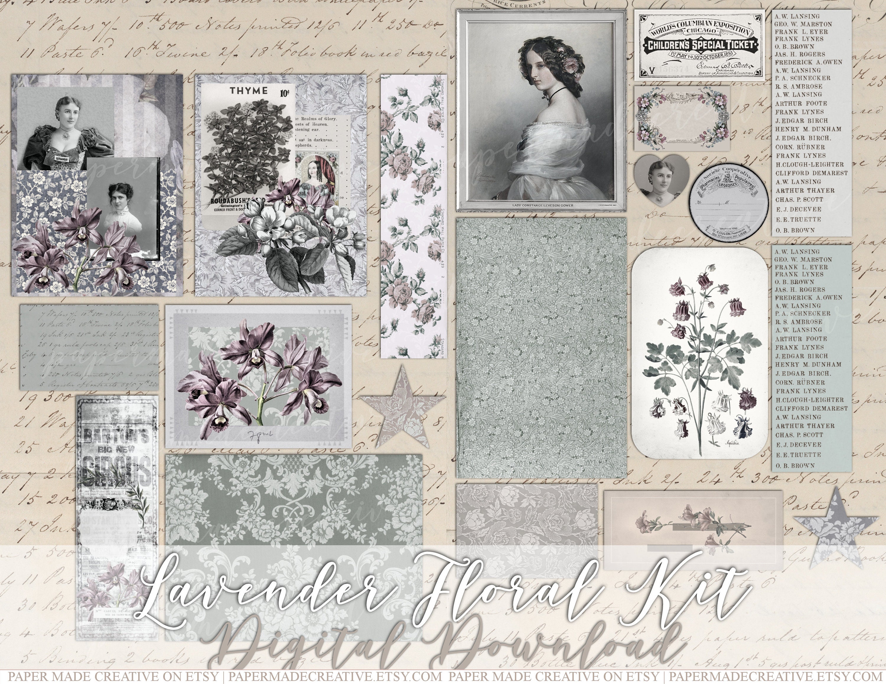 A4 Lavender Vintage Floral Journal Kit Collage Sheets Ephemera - Etsy