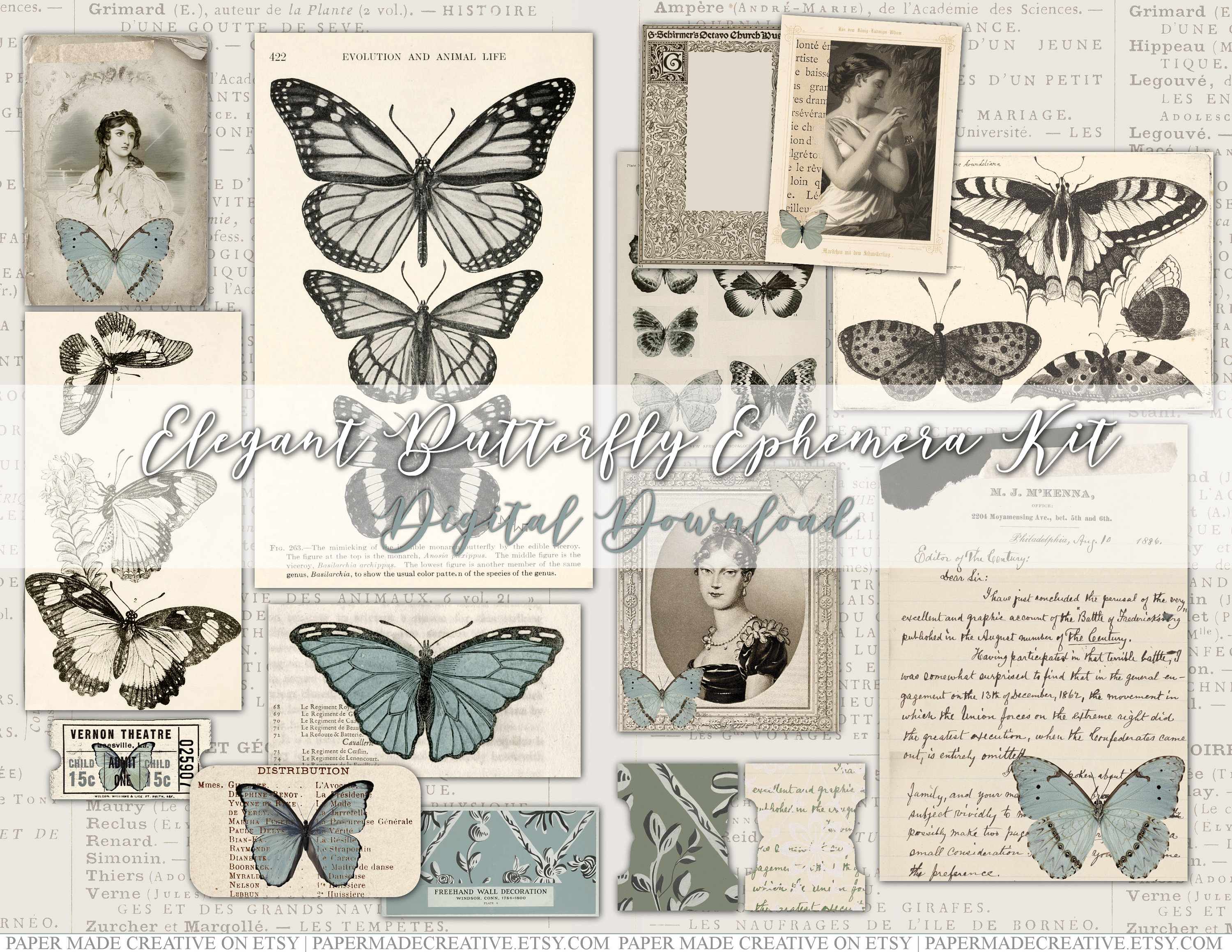 Vintage Elegant Green Blue Butterfly Ephemera Kit Junk Journaling ...