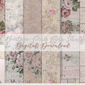 A4 Vintage Pink Rose Floral Collage Journal Sheets | Printable Instant ...