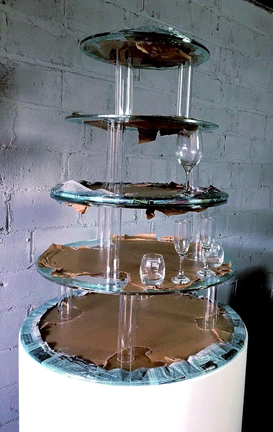 Champagne Tower 5 Tier in Thick Clear Acrylic Glass With Round Wood ...