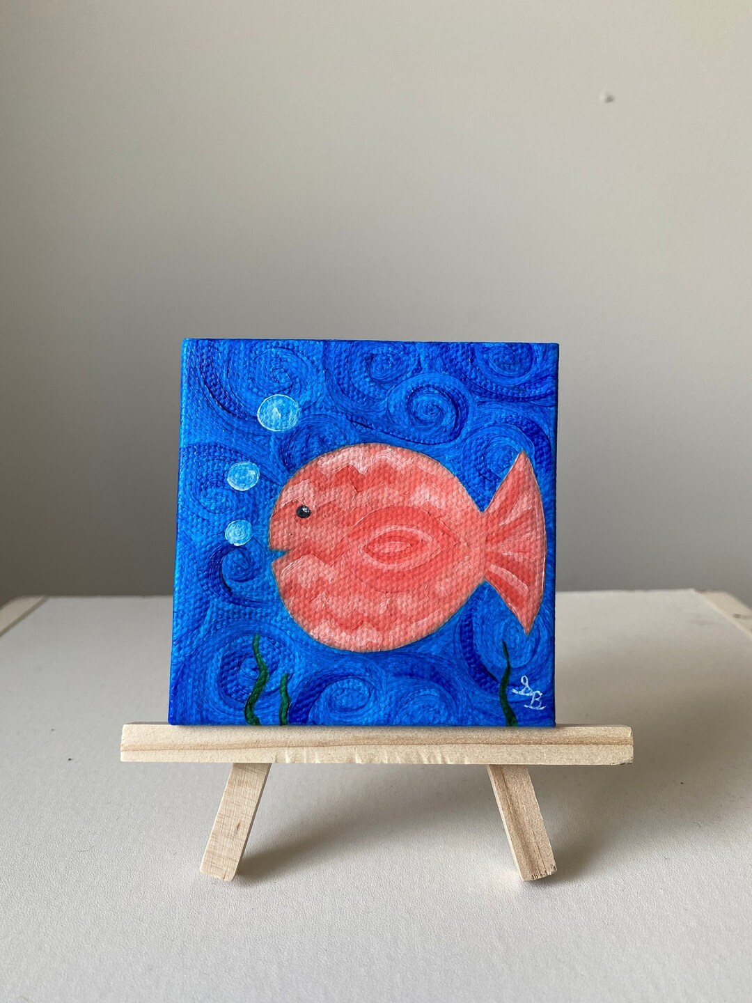 Mini Folk Art Fish, Original Animal Painting, Oil on Canvas, 3x3 Inch ...