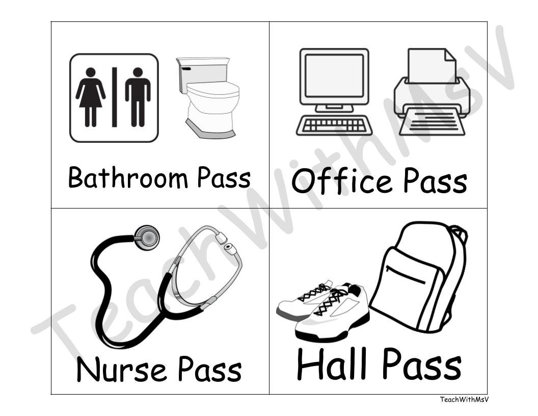 School Hall Pass Library Pass Bathroom Pass Office Pass Nurse Pass Break Pass