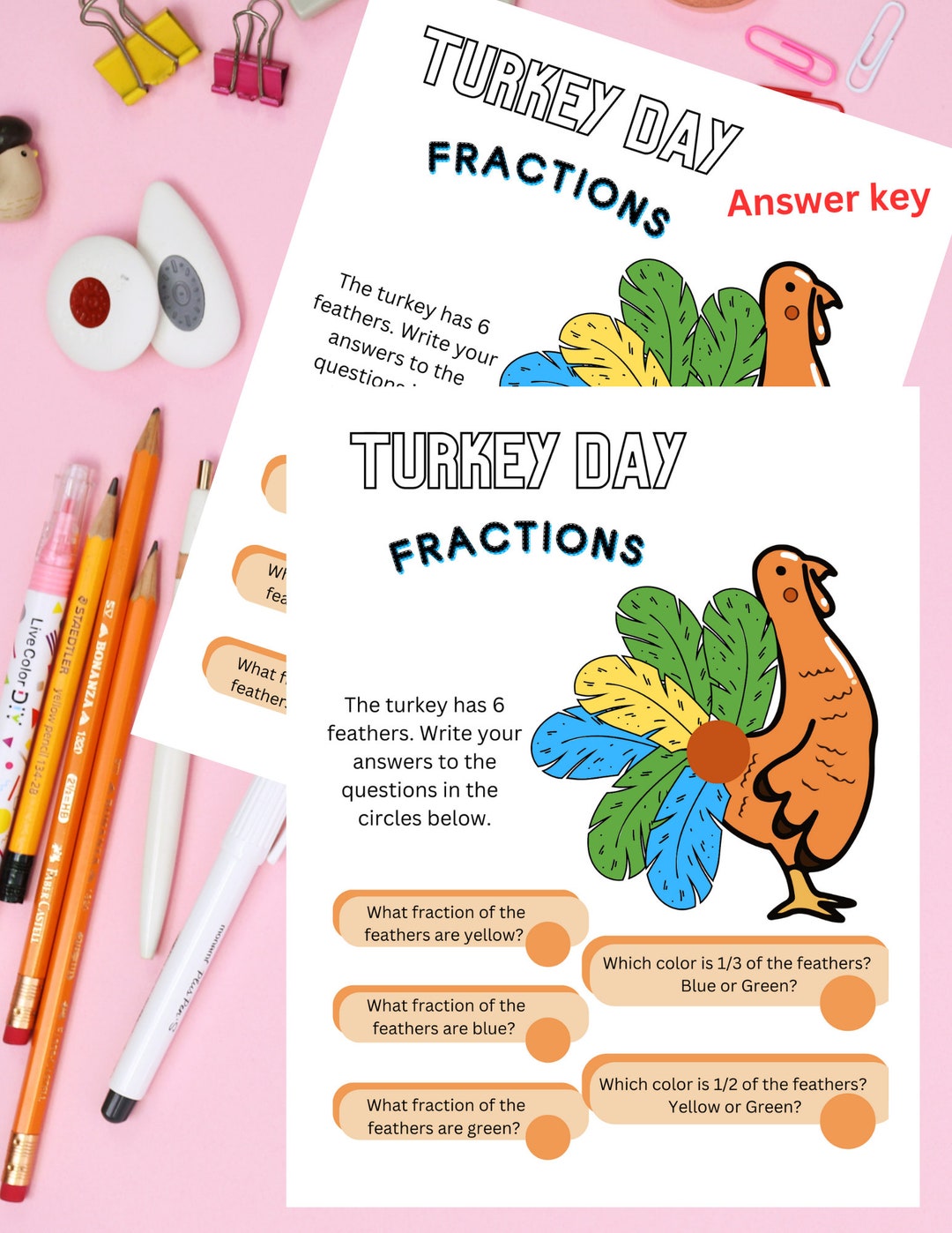 Thanksgiving Turkey Fractions Worksheet - Etsy