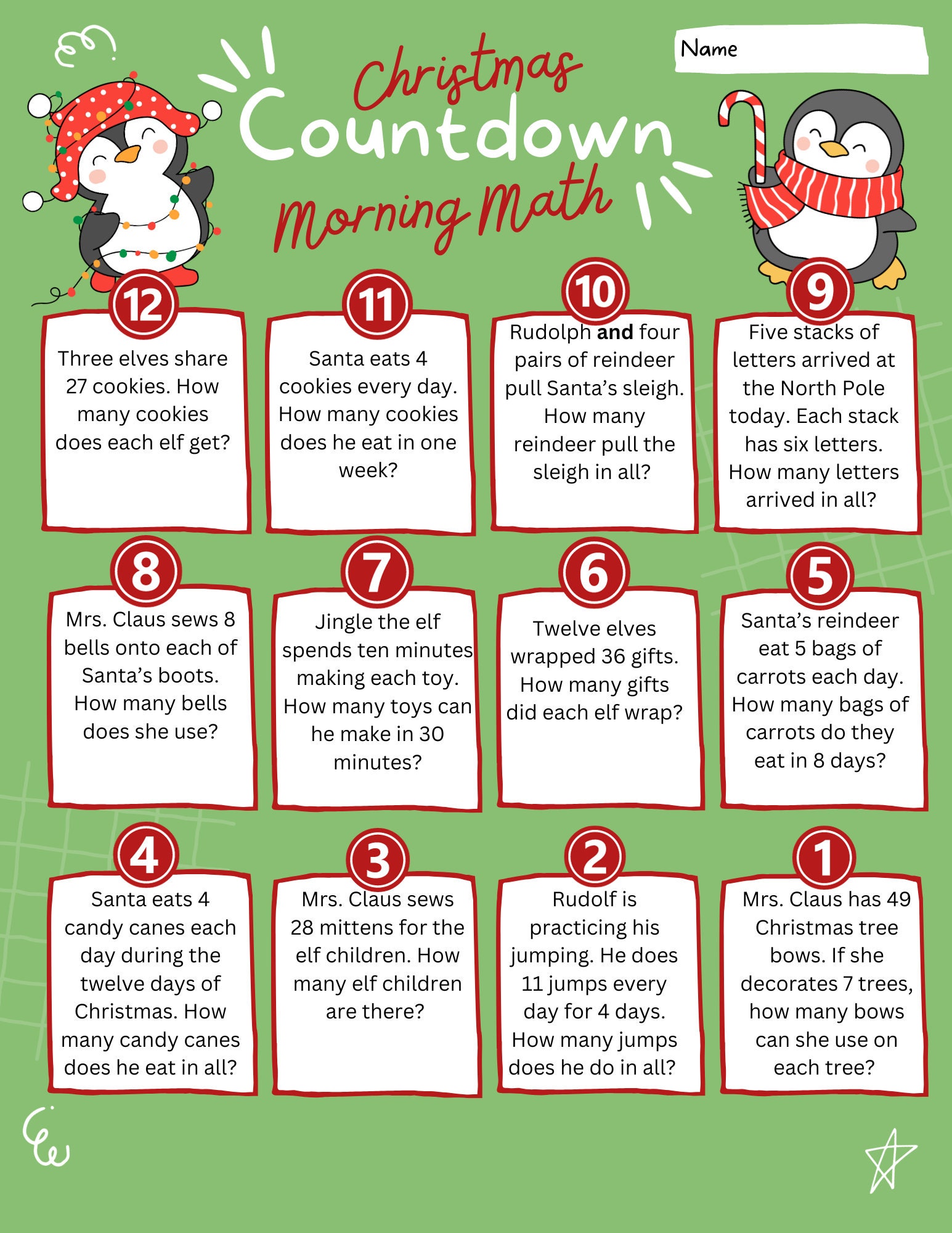 Christmas Countdown Math Printable Worksheet Morning Math Problems ...