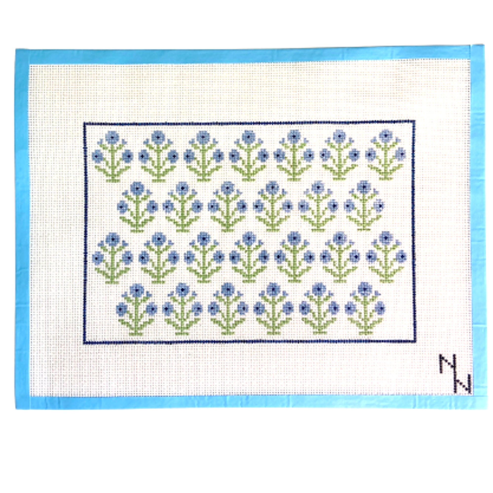 Blue Block Print Floral Needlepoint Canvas - Etsy