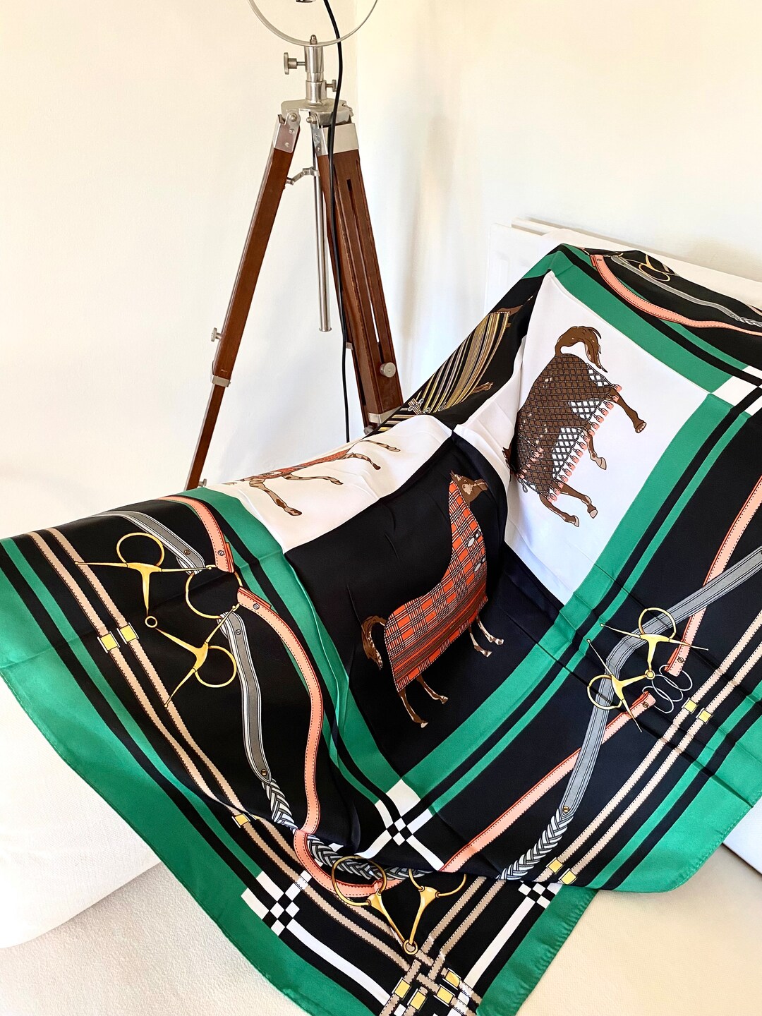 Green and Black Horse Print Silk Scarf Equestrian Silk Scarf Horse ...