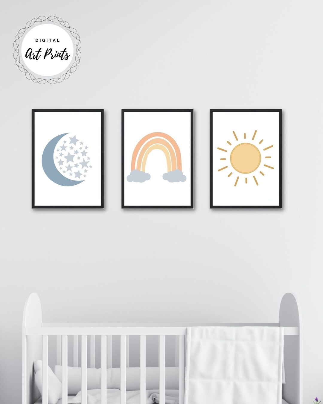 Sunshine, Moon, Stars, and Rainbow Art Prints - Set of 3 Digital ...