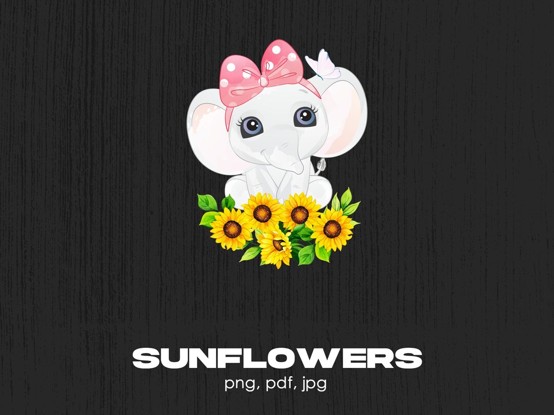 Sunflower Elephant With Ribbon Digital Png File, Instant Download, Cute ...