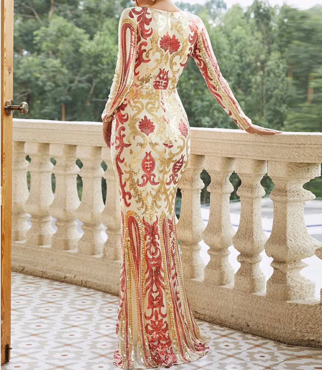 Elegant Long Sleeve Sequin Dress: Turquoise Blue-gold, Red-gold, Sizes4 ...