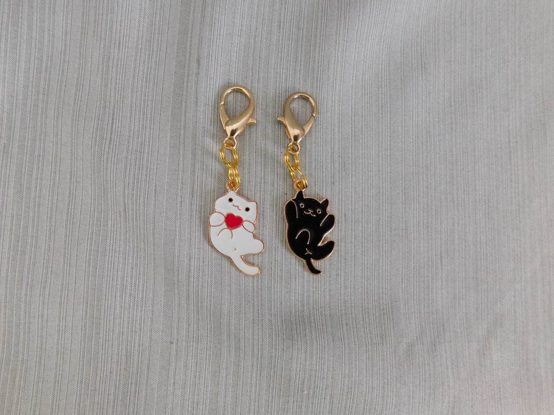 Playful Cat Zipper Pull, Black or White Cat Dangle Charm, Cat Clip on ...