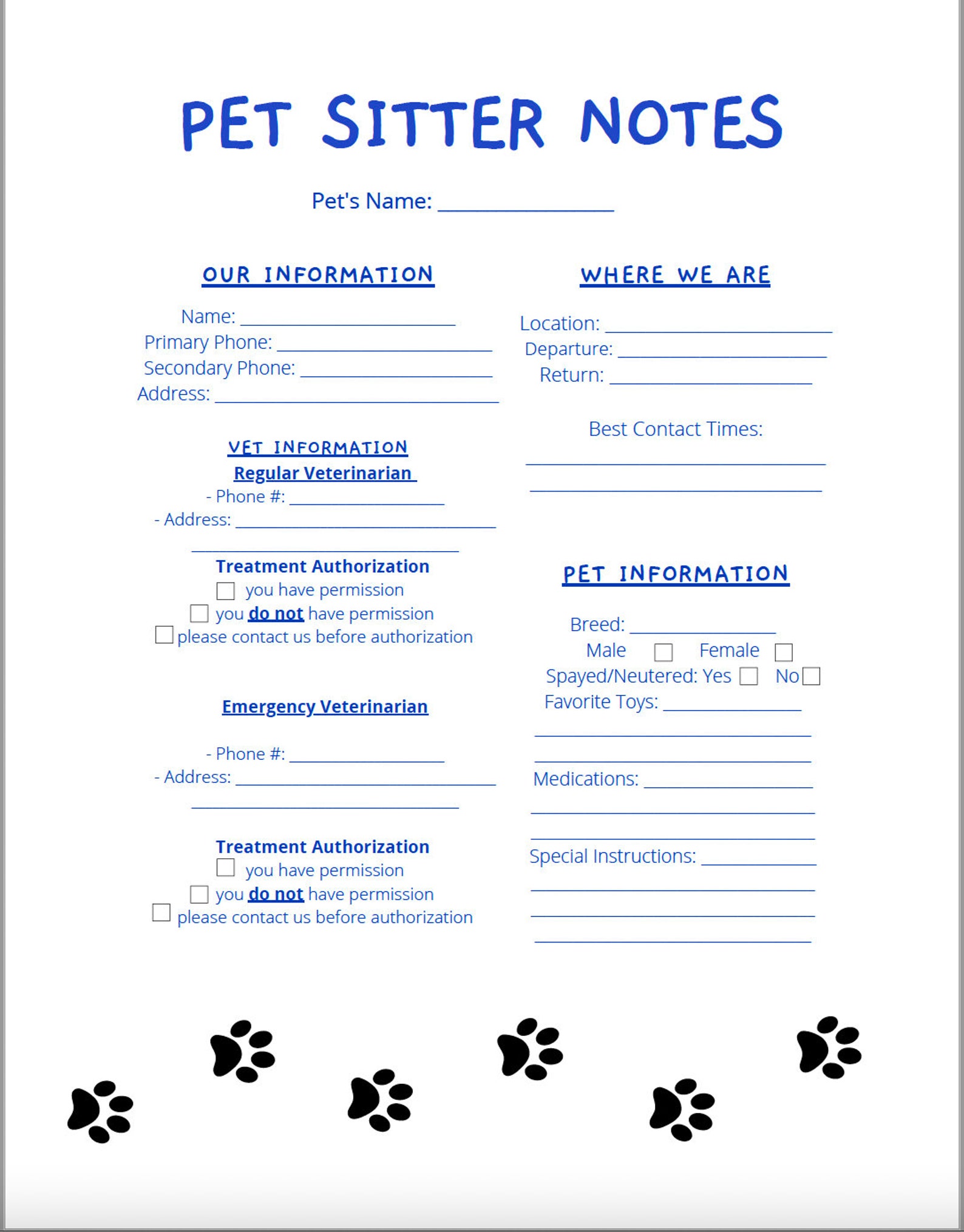 Printable Pet Sitter Notes - Basic - Etsy