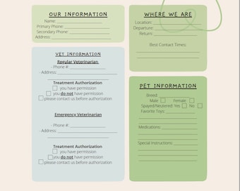 Pet Sitter Notes Printable PDF 2pg Owner Info Template dog, Cat, or ...