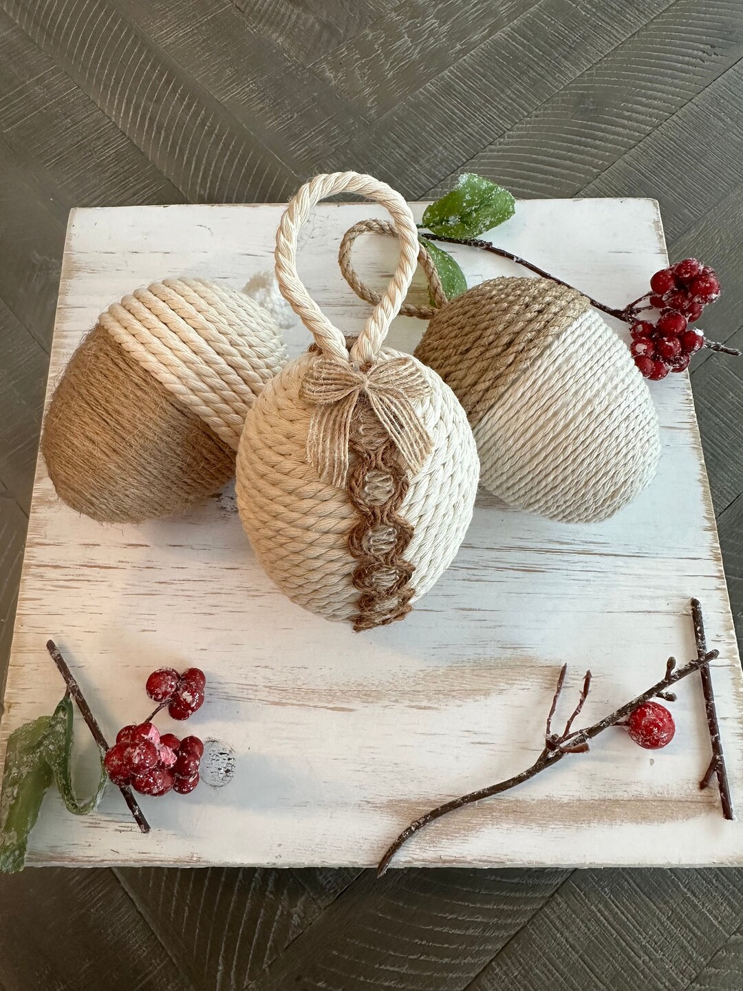Farmhouse Rustic Ornaments | Oval/egg Shape | Jute and Cream Yarn With ...