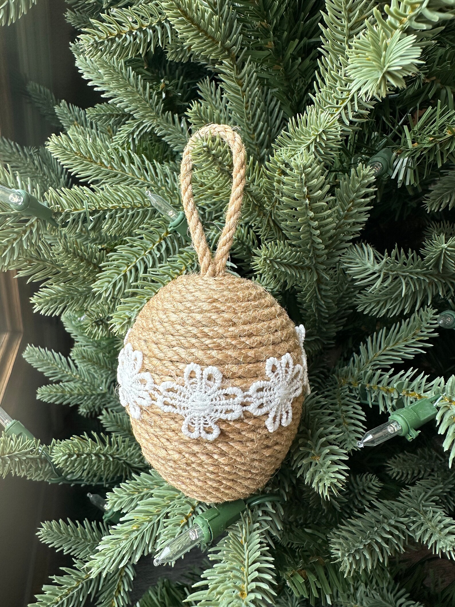 Farmhouse Rustic Ornaments | Oval/egg Shape | Jute and Cream Yarn With ...