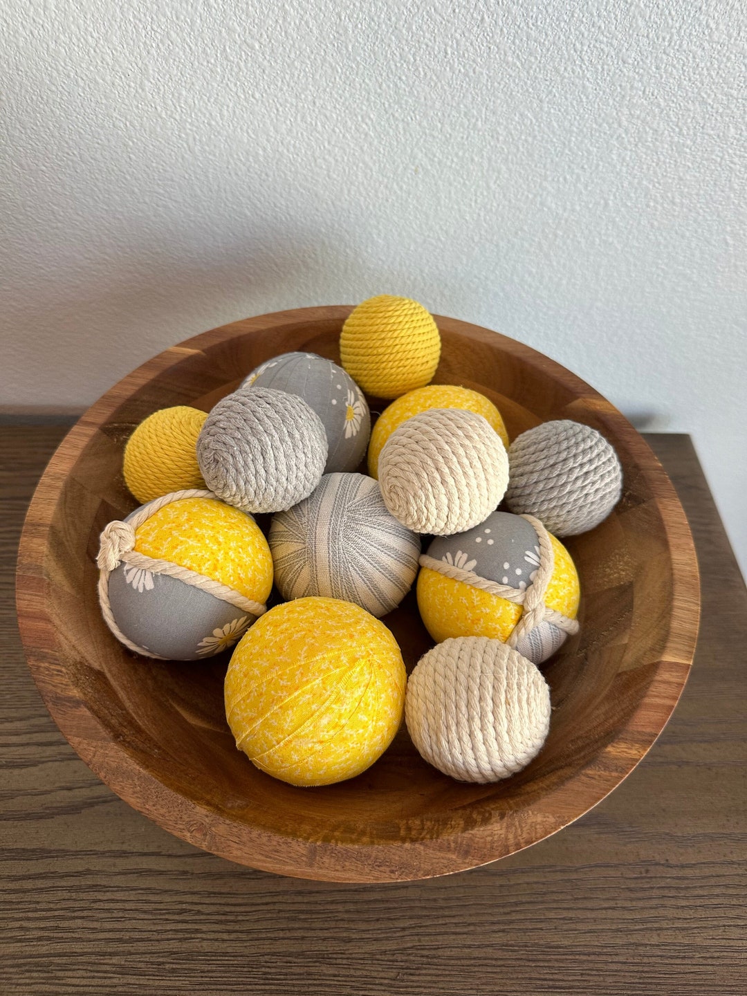 Yellow and Gray Set of Bowl Fillers | Rope Yarn, Rag Fabric, Jute Balls ...