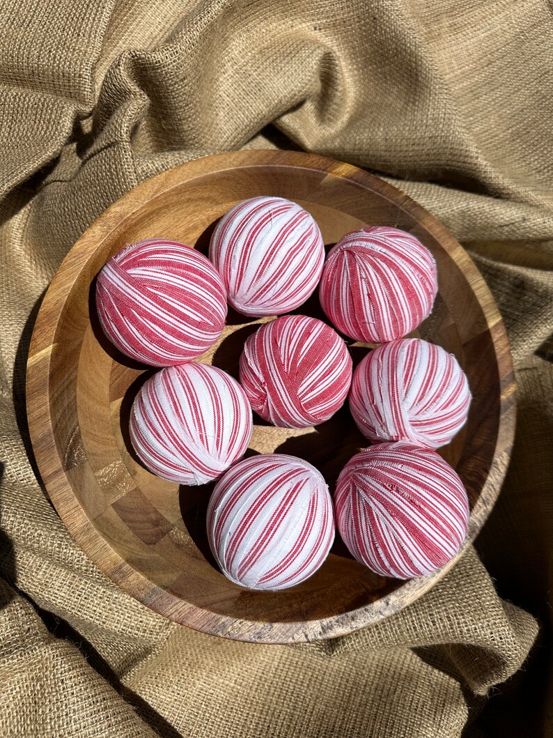 Red and White Striped Rag Ball Bowl Fillers Rustic, Farmhouse Large ...