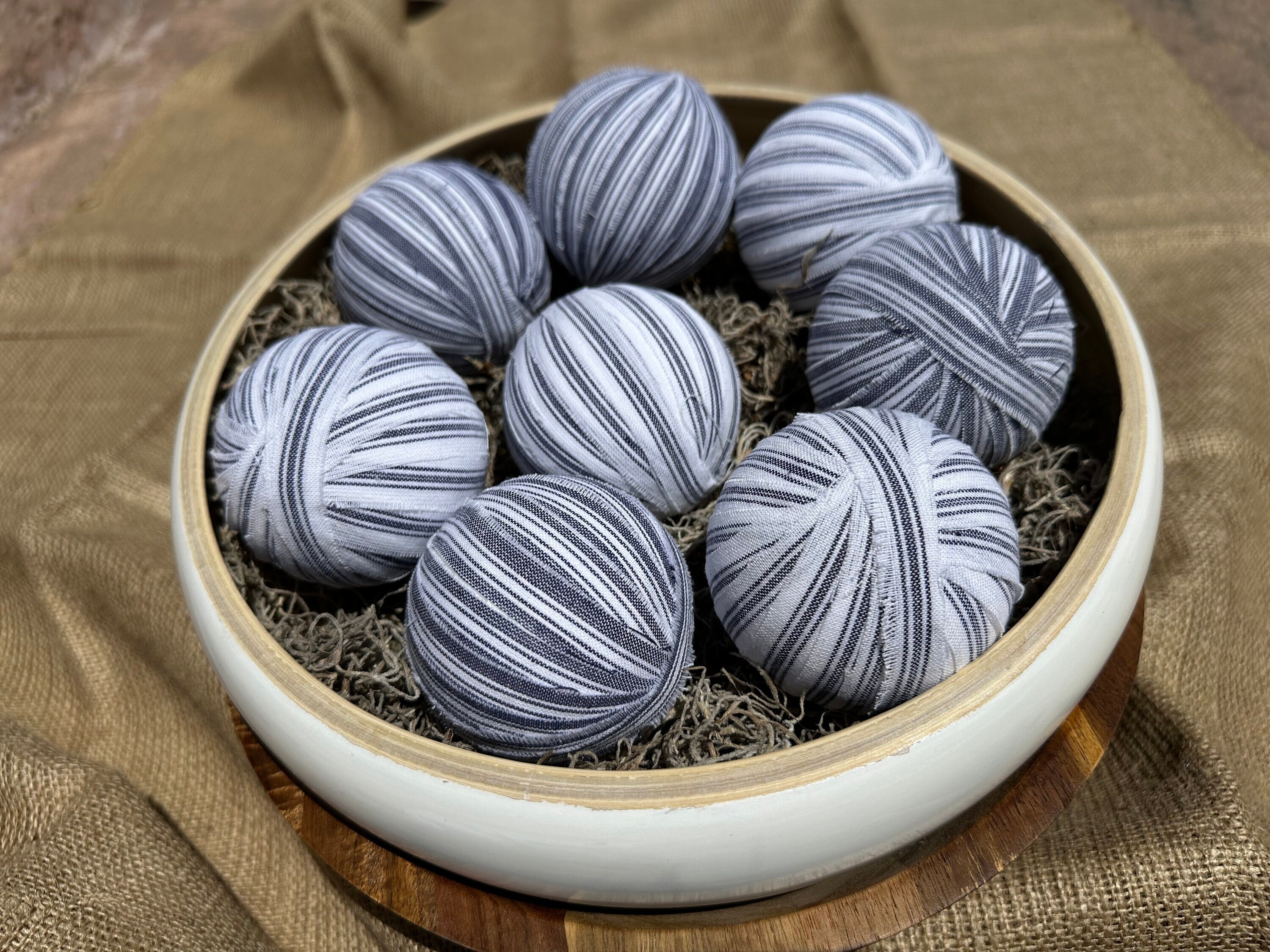 Blue and White Striped Rag Ball Bowl Fillers Rustic, Farmhouse Large ...