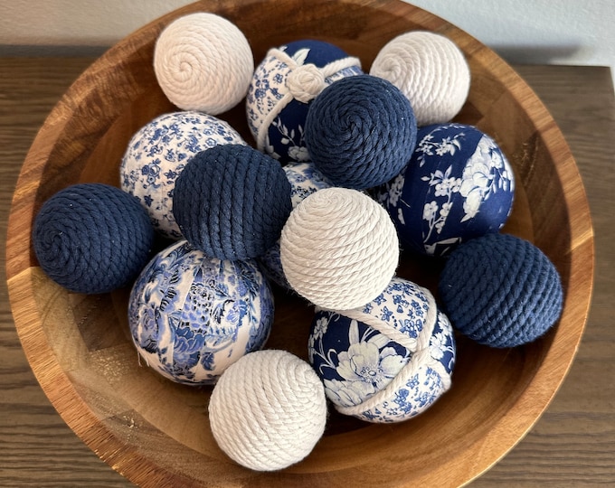 Blue and White Set of Bowl Fillers | Rope Yarn, Rag Fabric, Jute Balls ...