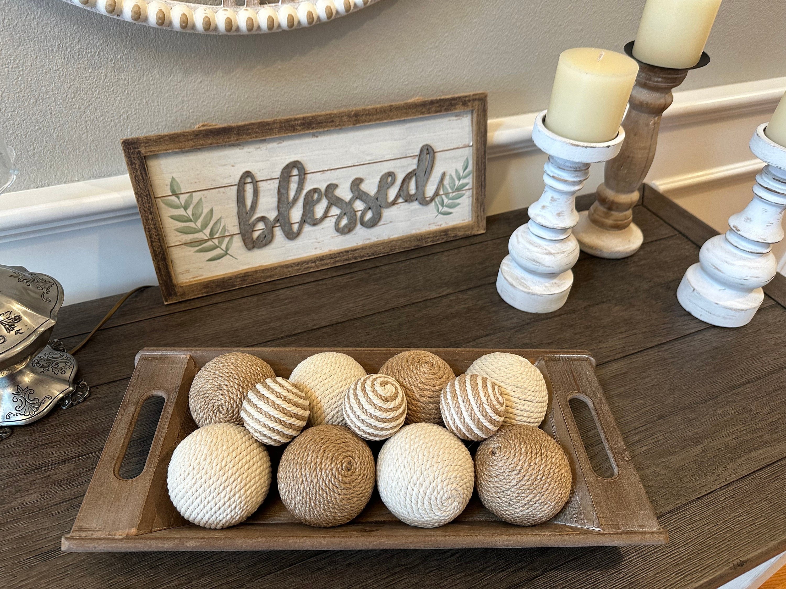 Jute and Cream Rustic, Farmhouse Rope Yarn Ornament Bowl Fillers Set of ...