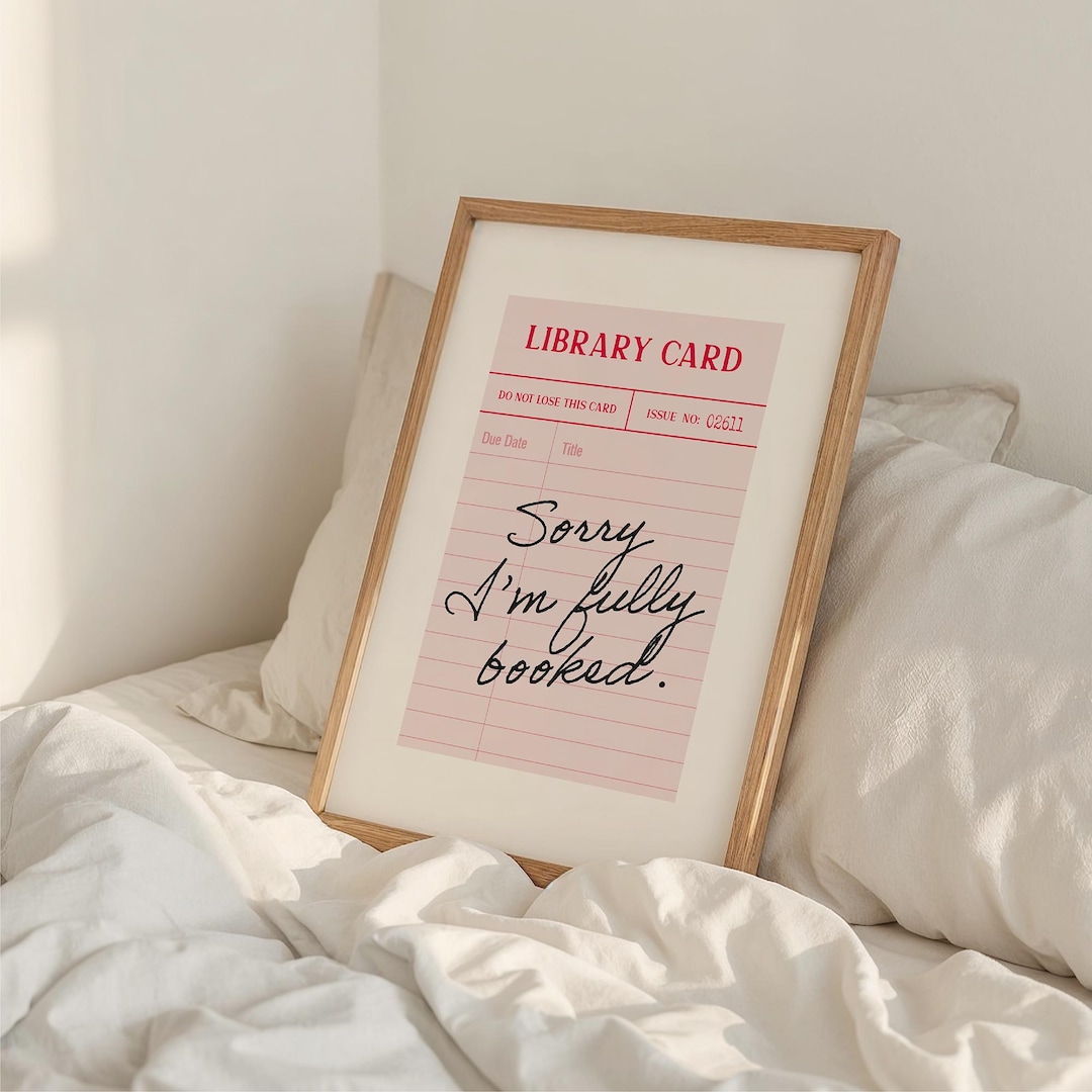 Sorry I'm Fully Booked Print: Pink Library Card Illustration (digital ...