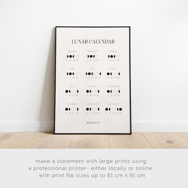 2024 Moon Phases Wall Art Lunar Calendar Digital Download Minimal ...