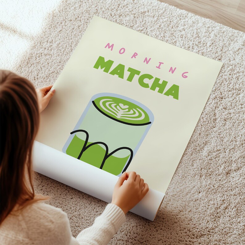 Matcha Poster: Green and Pink Kitchen Wall Art Print, Hand Drawn Café ...