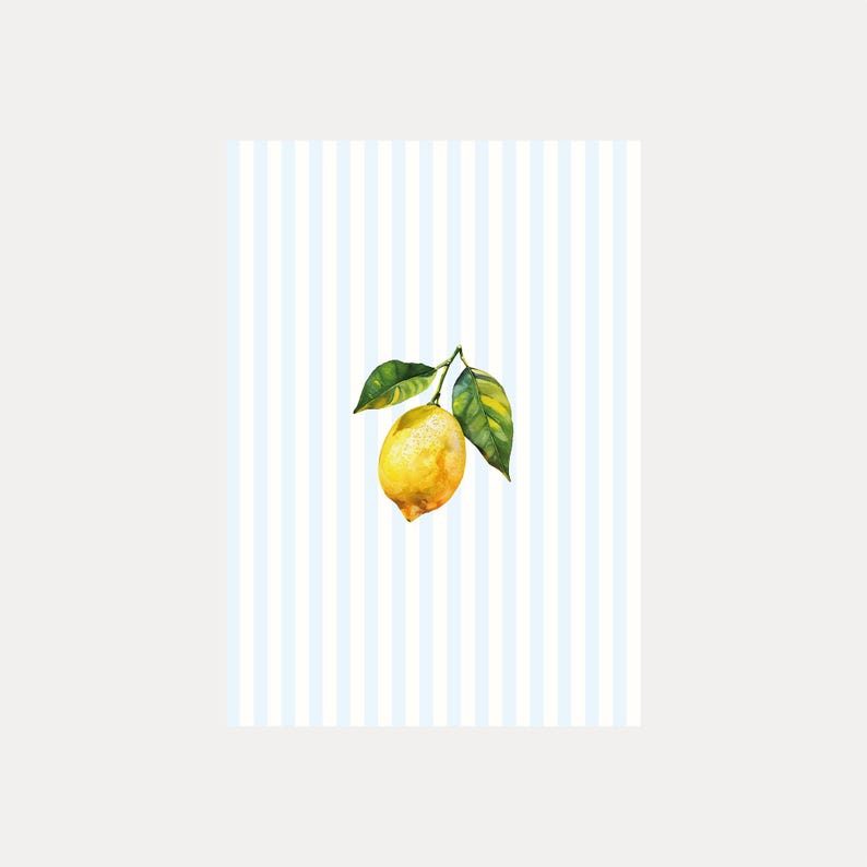Lemon Wall Art, Watercolour Illustration Striped Blue Summer Poster ...