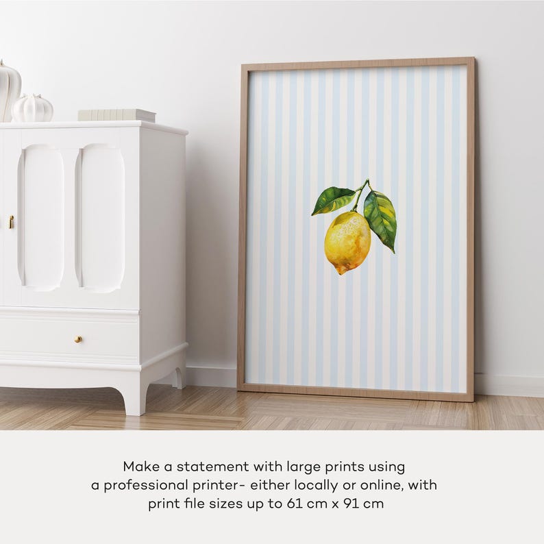 Lemon Wall Art, Watercolour Illustration Striped Blue Summer Poster ...