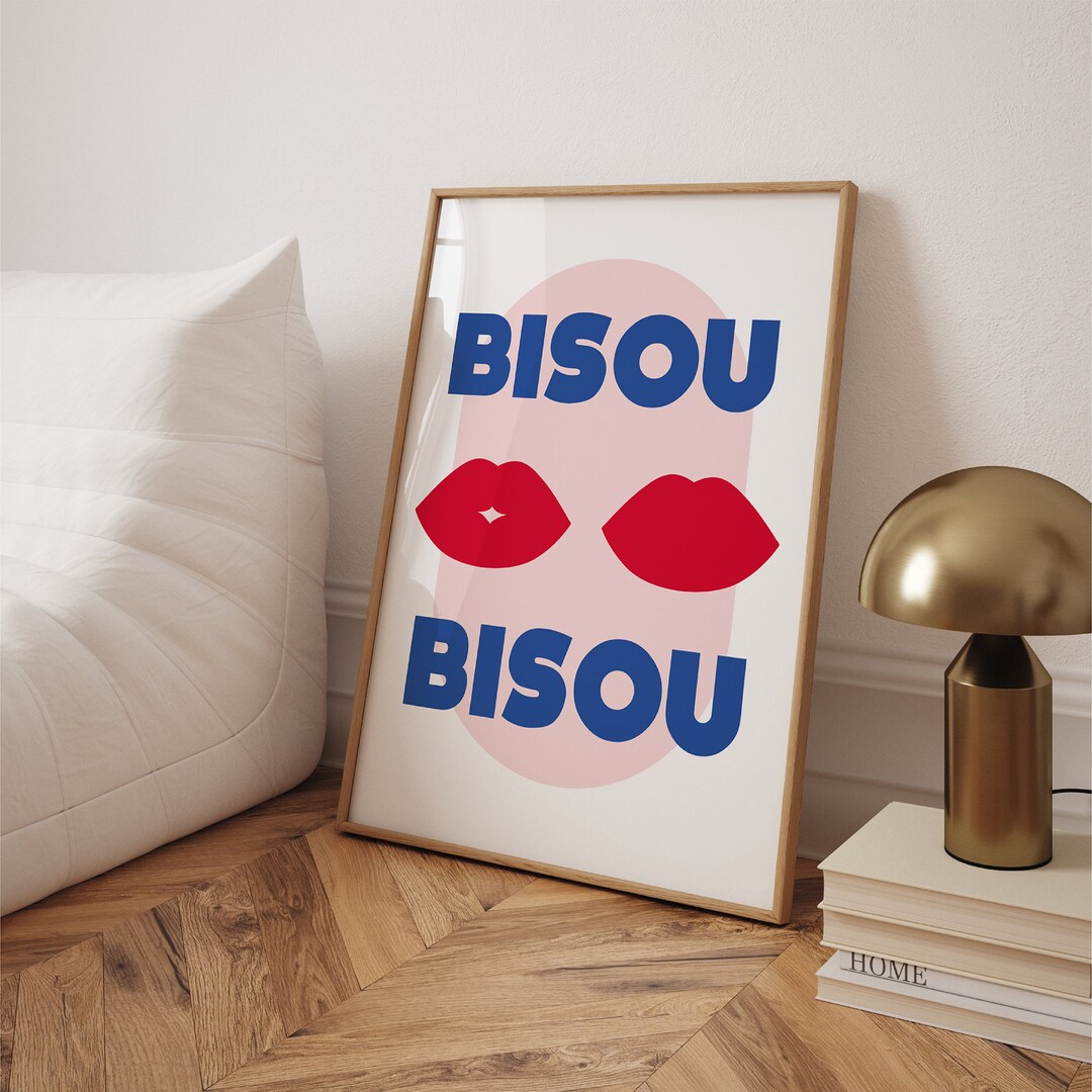 Bisou Bisou Art Print Kiss Kiss French Poster Contemporary Pink Red Blue Lips Abstract Kisses ...