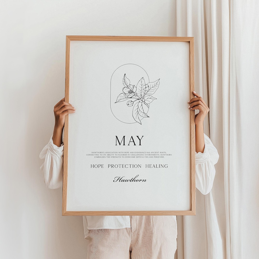 May Birth Flower Print: Meaning Hawthorn Minimal Line Wall Art, Taurus ...