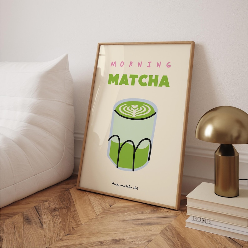 Matcha Poster: Green and Pink Kitchen Wall Art Print, Hand Drawn Café ...