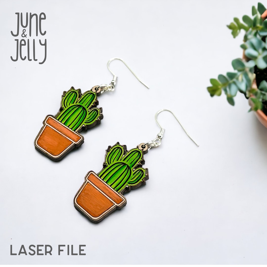 Cactus Planted in Pot Cacti Wooden Engraved Dangles | Laser Glowforge ...