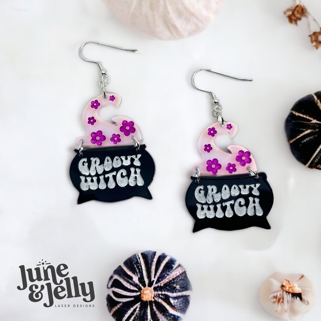 Groovy Witch Cauldron Acrylic Boho Halloween Earrings Laser Glowforge ...