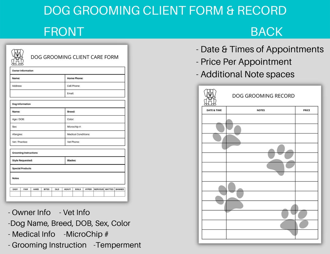 Dog Grooming Form, Pet Grooming Record, Dog Grooming Client Sheet ...