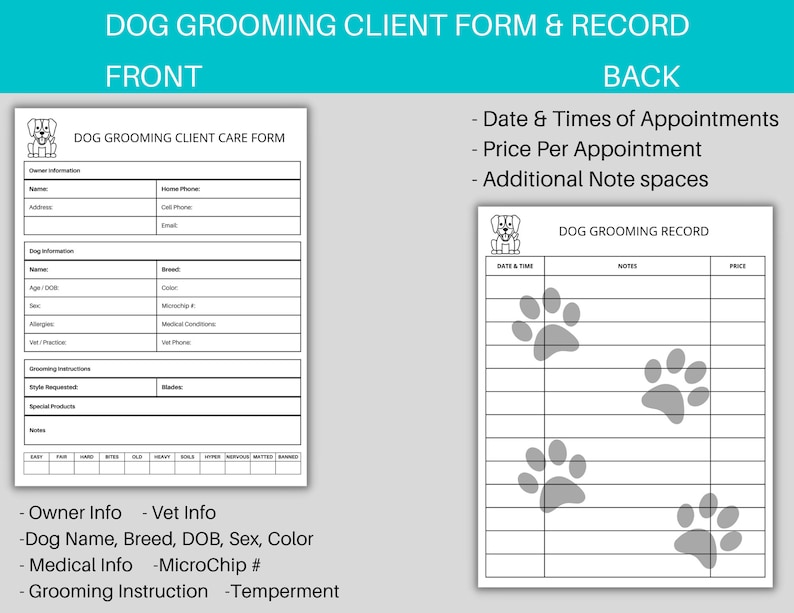 Dog Grooming Form, Pet Grooming Record, Dog Grooming Client Sheet ...