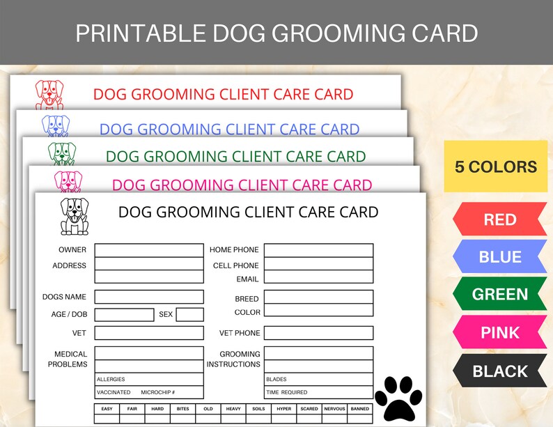 Dog Grooming Card, Grooming Form, Pet Grooming Record, Dog Grooming ...