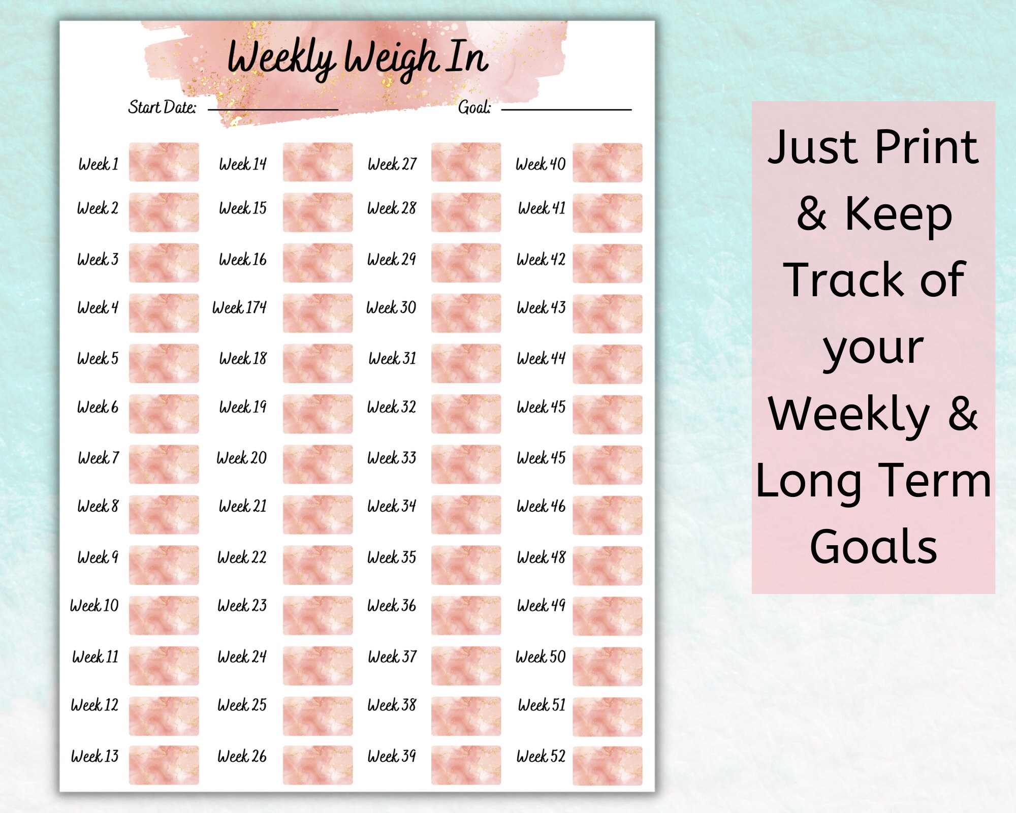 Digital Download Printable Weekly Weigh in Tracker, Weight Loss Chart ...