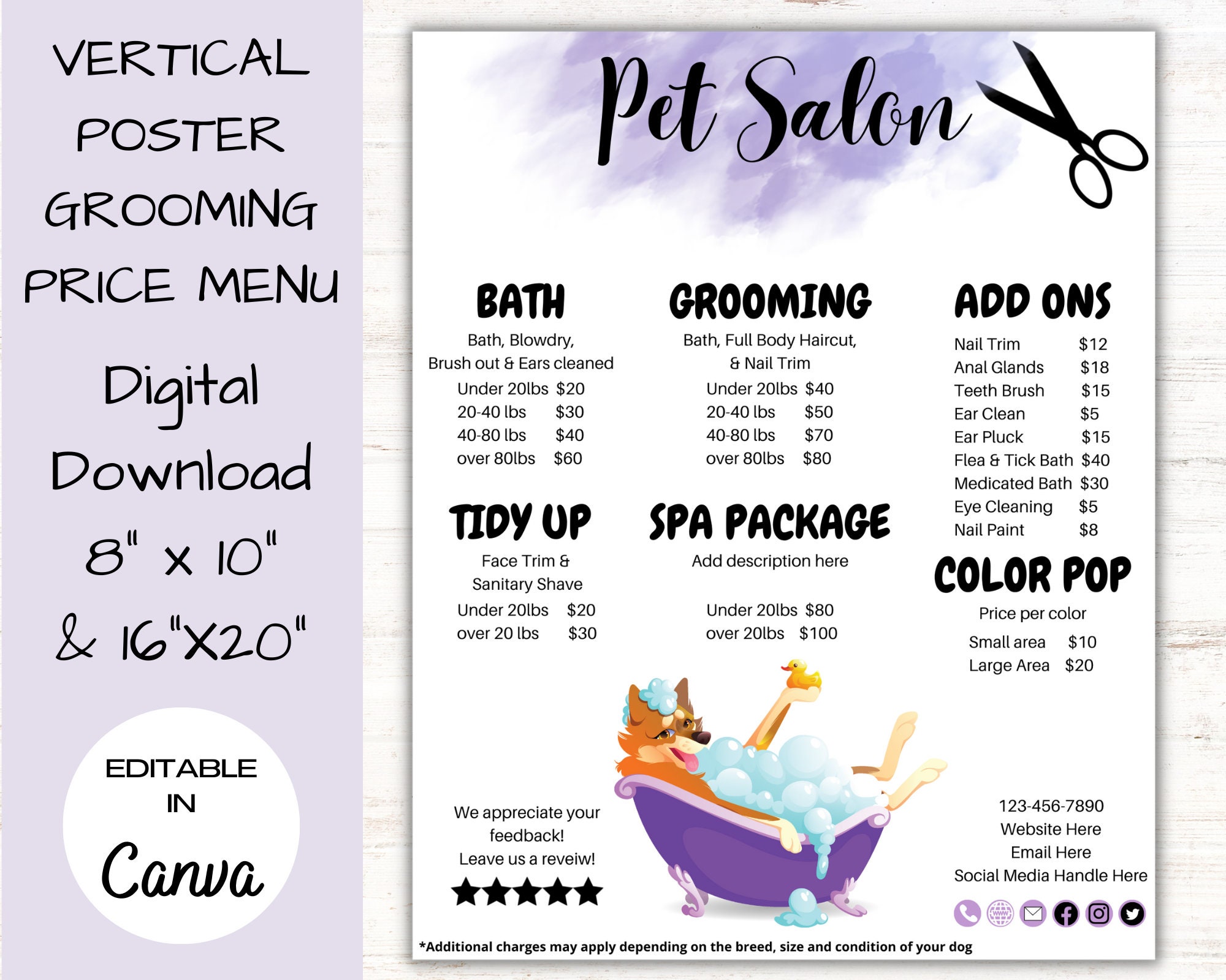 Purple Dog Salon Price List Pet Groomer Sign Dog Spa Menu Etsy