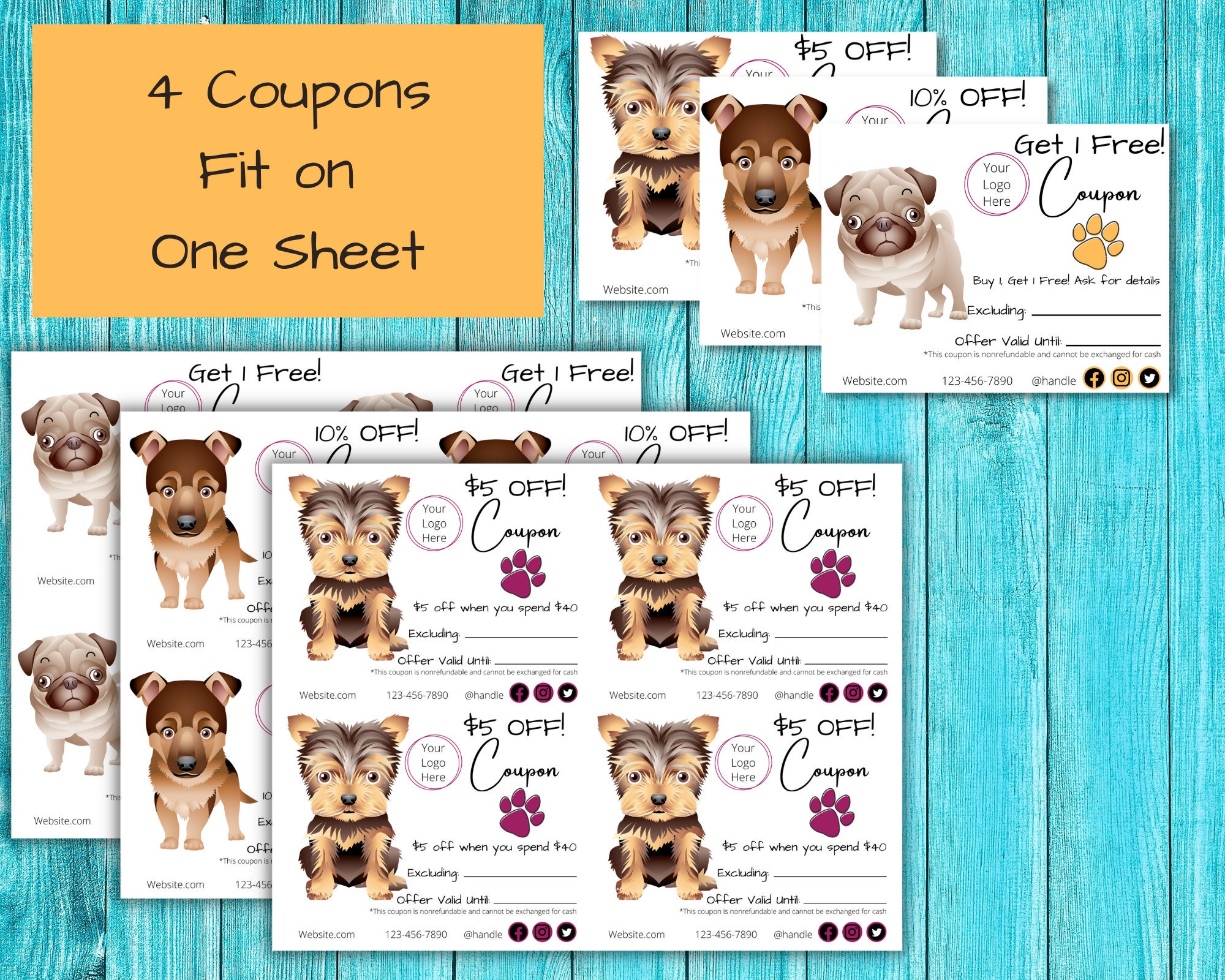 Dog Salon Gift Coupons, Dog Bakery Coupons, Printable Dog Coupons, Pet ...