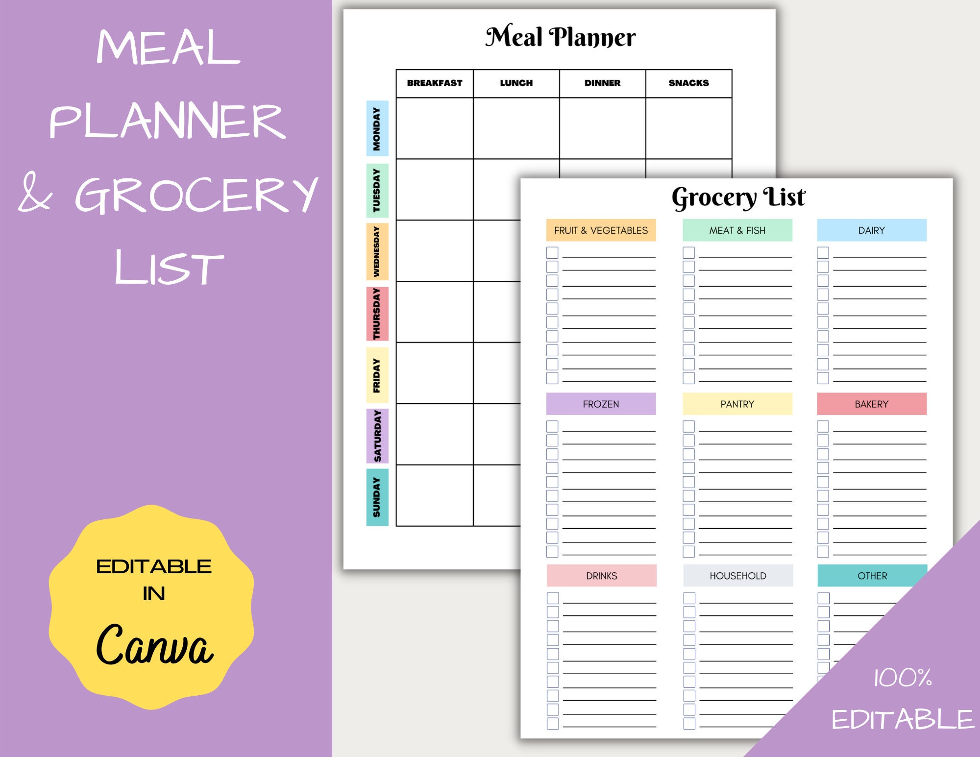 Editable Weekly Meal Planner | Grocery List | Printable, Digital | Meal ...