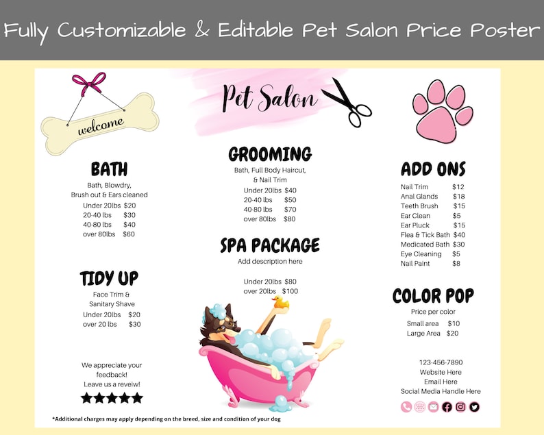 Horizontal Dog Salon Price List Bundle, Pet Groomer Sign, Dog Spa Menu ...