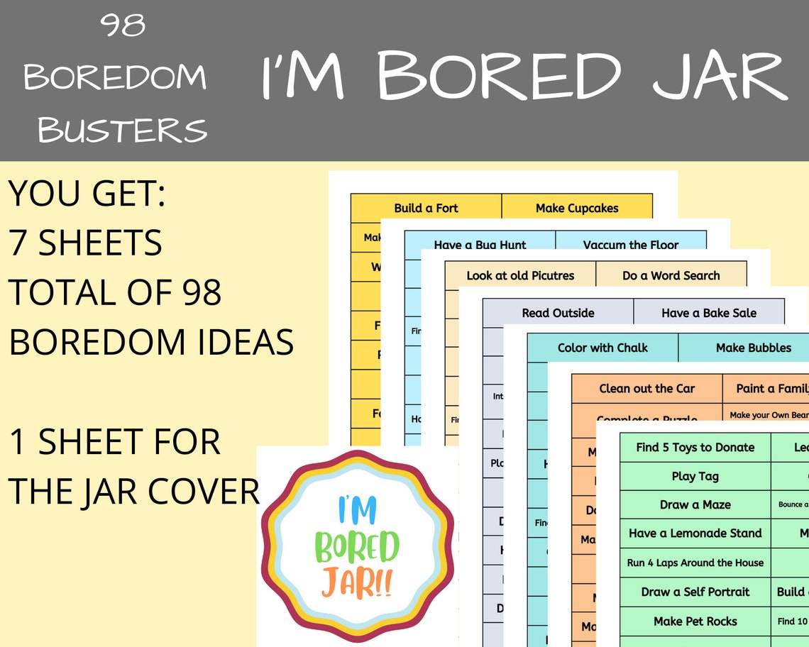 98 Boredom Jar Cards | I'm Bored Jar for Kids | Boredom Buster Jar ...