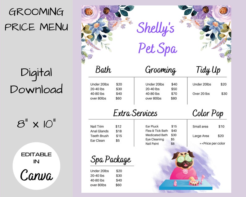 Dog Salon Price List, Pet Groomer Sign, Dog Spa Menu, Price List ...