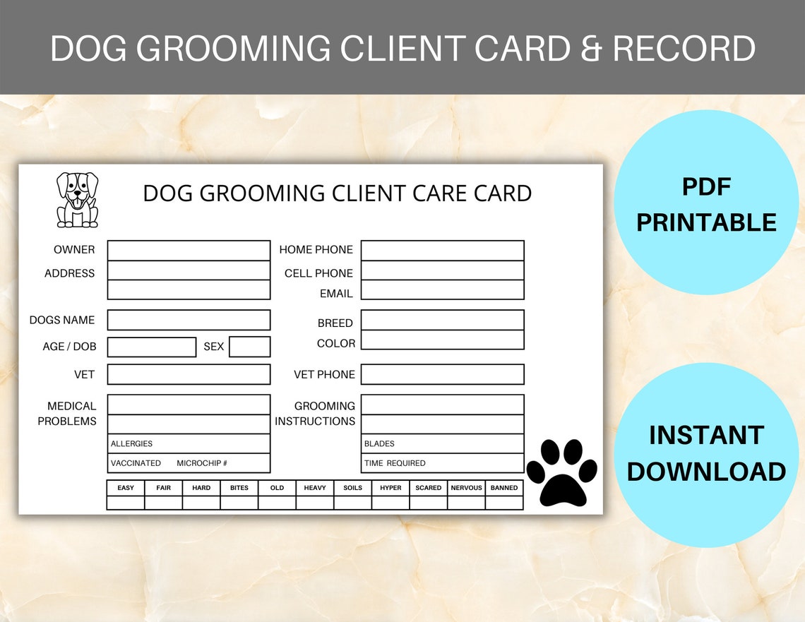 Dog Grooming Card, Grooming Form, Pet Grooming Record, Dog Grooming ...