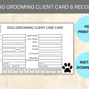 Dog Grooming Card, Grooming Form, Pet Grooming Record, Dog Grooming ...