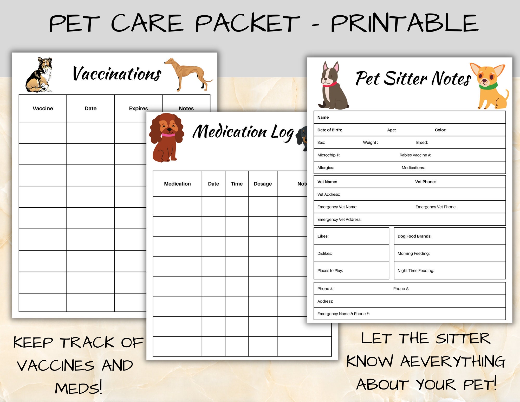 Pet Information Printable Tracker Log, Pet Sitter Planner Pack, Pet ...